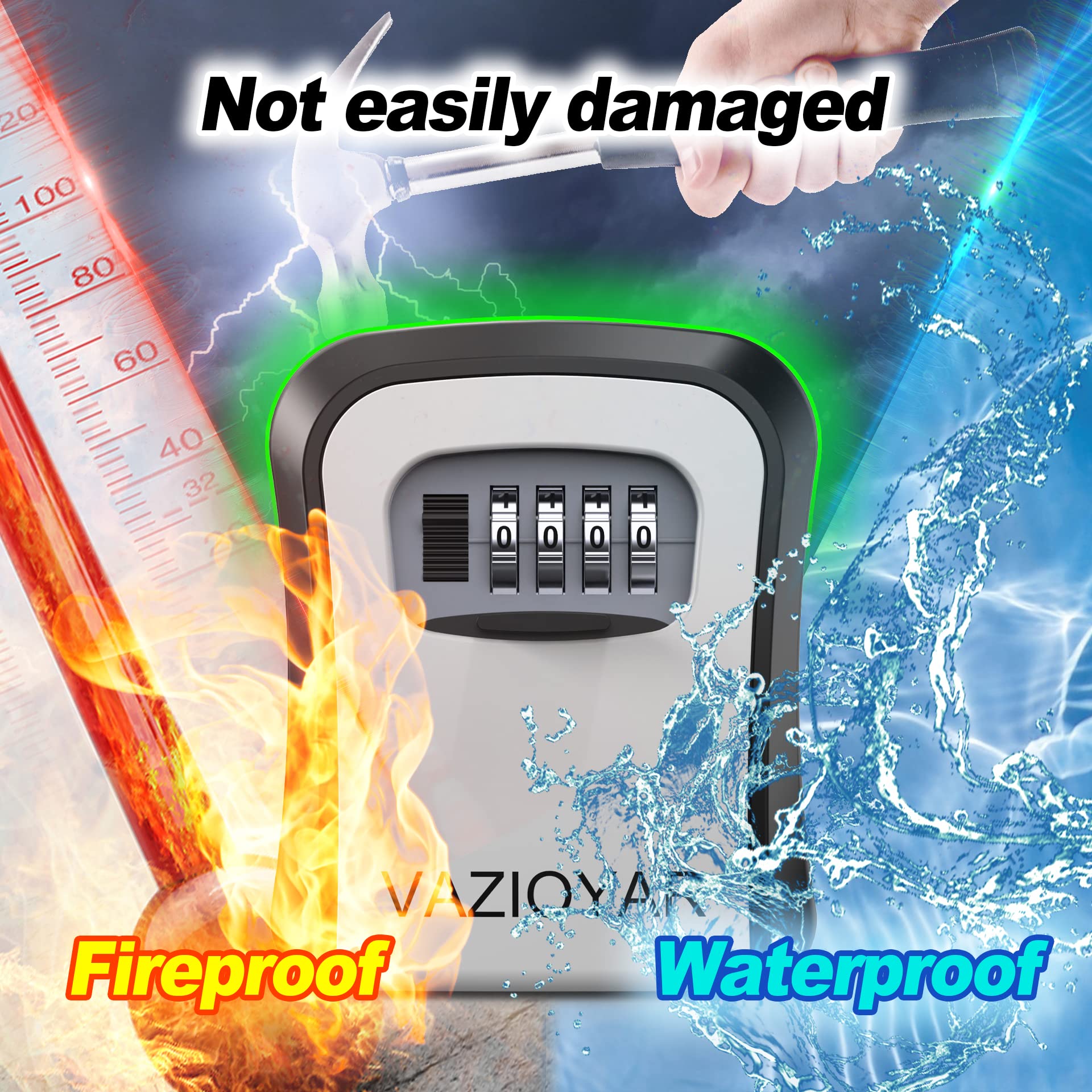 Vazioyar Key Lock Box for Outside, Portable Waterproof Wall Mounted Resettable 4-Digit Combination Key Storage Lockbox, 5 Keys Capacity Key Safe Lock Box for Home,Garage, Office, Dorm