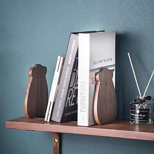 Muso Wood Bookends for Shelves, Decorative Book Ends for Children, Non-Skip Wooden Bookends for Office/Home/School (Walnut 1 Pair)