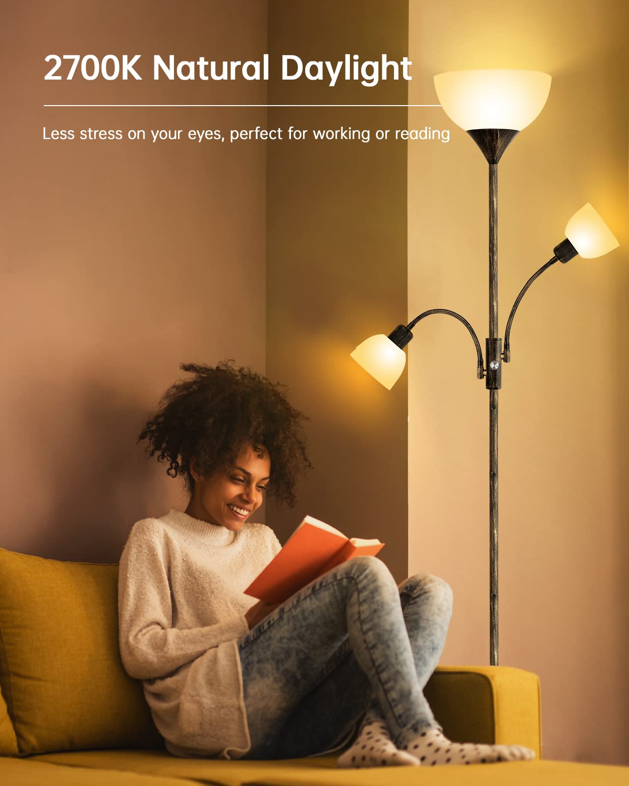 BoostArea Industrial Floor Lamp,Standing Lamp,Tree Floor Lamp with 3 Adjustable Rotating Lights, Independent Control, 3PCs LED Bulb Included, Tall Pole Lamps for Living Room, Bedroom, Home, Office
