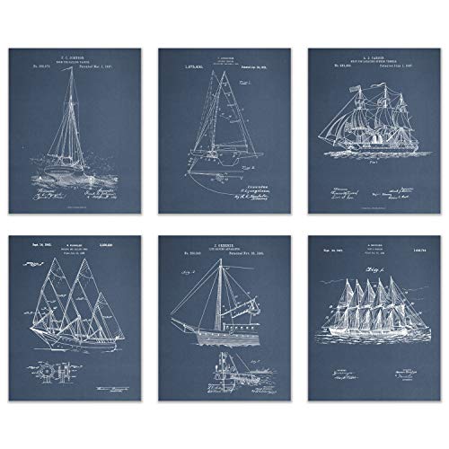 Sailboat Patent Wall Decor - Set of 6 (8x10) sailing art prints