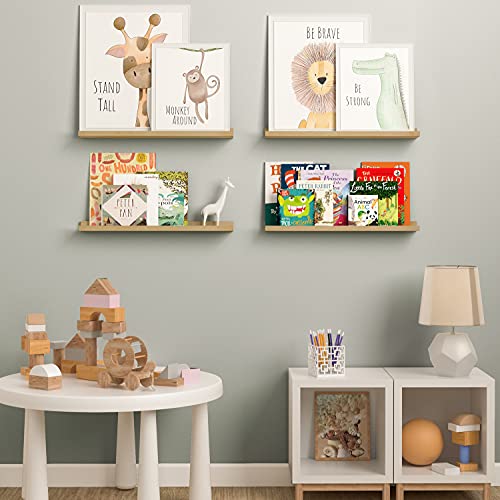 Wallniture Denver 24" Book Shelves for Kids Room Decor and Nursery, Wood Floating Shelves for Wall, Natural Pine, Set of 4