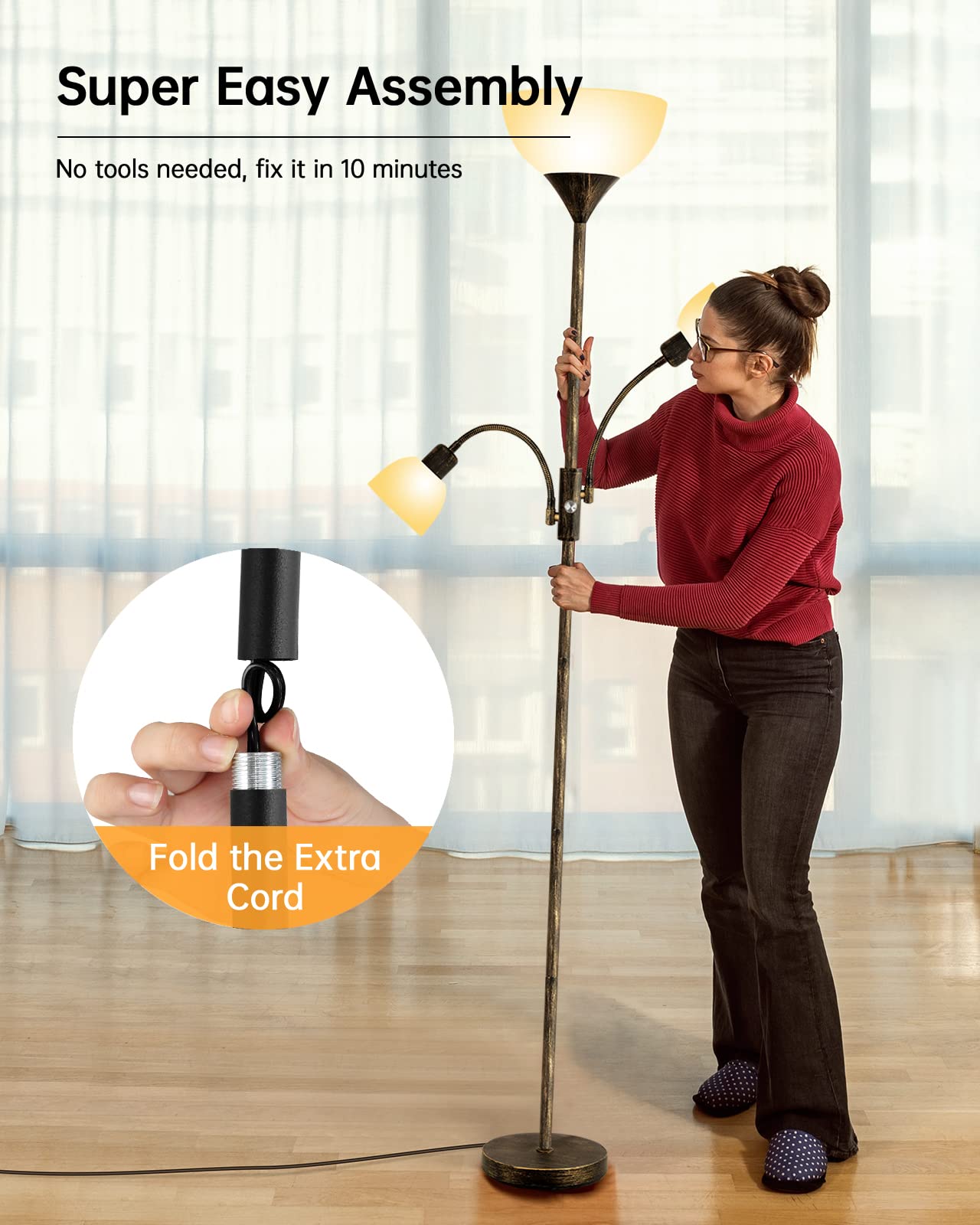BoostArea Industrial Floor Lamp,Standing Lamp,Tree Floor Lamp with 3 Adjustable Rotating Lights, Independent Control, 3PCs LED Bulb Included, Tall Pole Lamps for Living Room, Bedroom, Home, Office