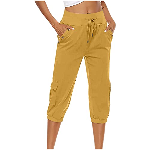 lightenung Deals fold Over Yoga Pants for Women Capri Pants for Women Plus Size Cotton Linen Cropped Pants Drawstring Elastic Waist Cargo Capri Pants for Work Yellow S