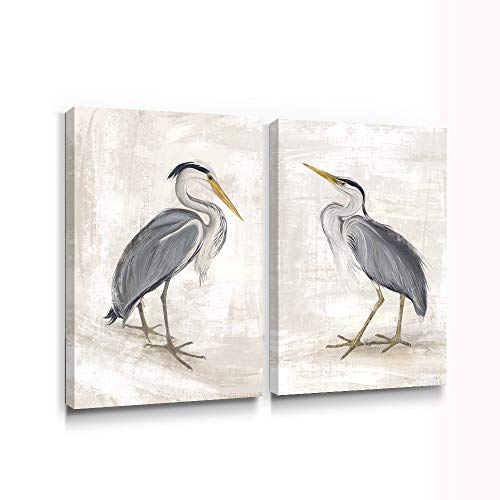 Adecuado Bird Wall Art set of 2 Modern Style Canvas Paintings Heron Pictures Framed Crane Bird Prints Artwork Gray Retro Vintage Home Decor Hang for Living Room Bedroom Bathroom 16x24 Inch