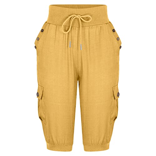 lightenung Deals fold Over Yoga Pants for Women Capri Pants for Women Plus Size Cotton Linen Cropped Pants Drawstring Elastic Waist Cargo Capri Pants for Work Yellow S