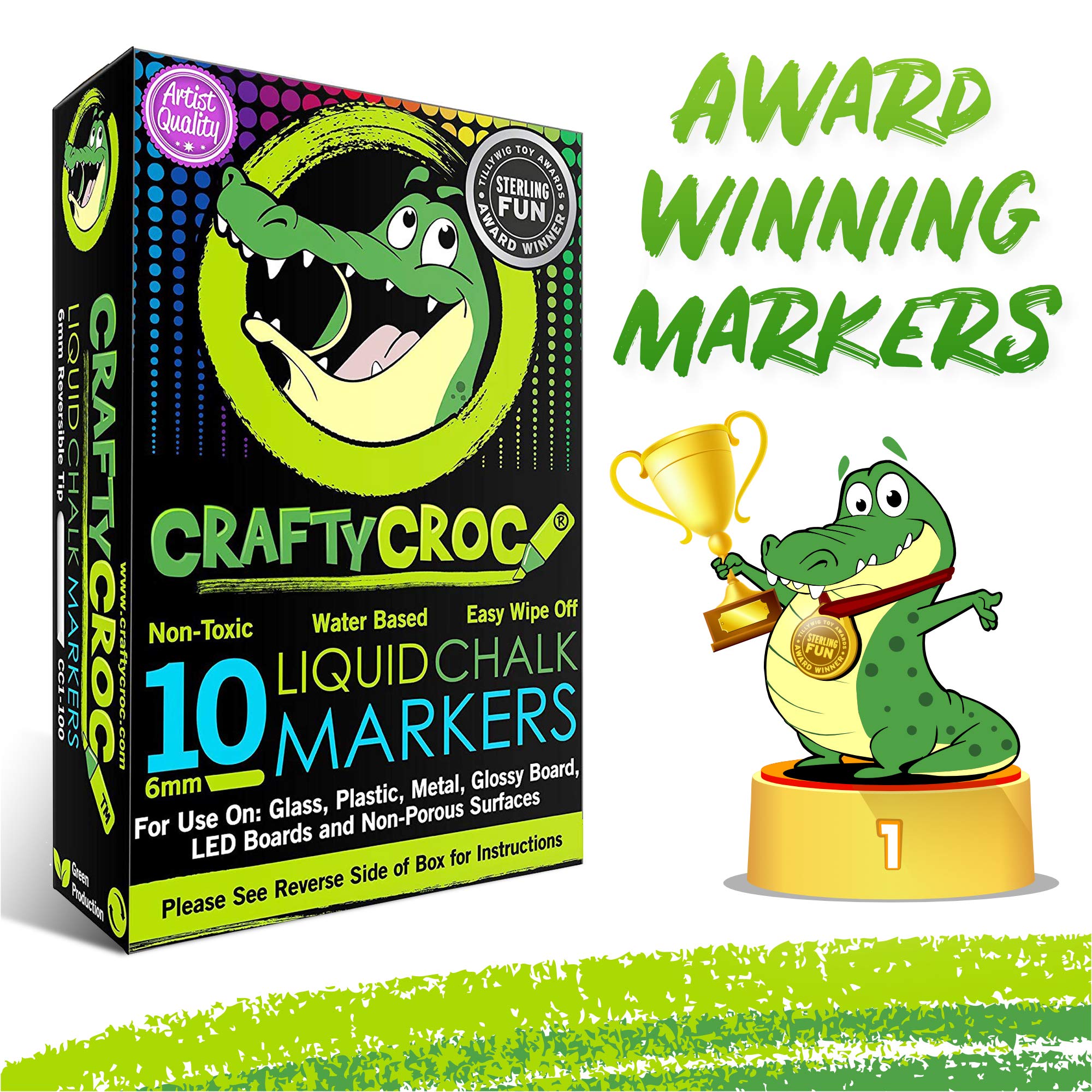 Crafty Croc Liquid Chalk Markers, 10 Pack of Neon Chalk Pens, for Nonporous Chalkboards, Bistro Boards, Glass and Windows