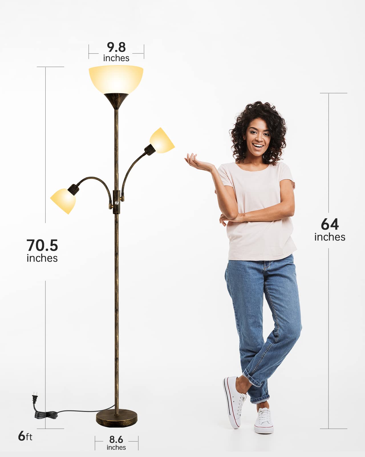 BoostArea Industrial Floor Lamp,Standing Lamp,Tree Floor Lamp with 3 Adjustable Rotating Lights, Independent Control, 3PCs LED Bulb Included, Tall Pole Lamps for Living Room, Bedroom, Home, Office
