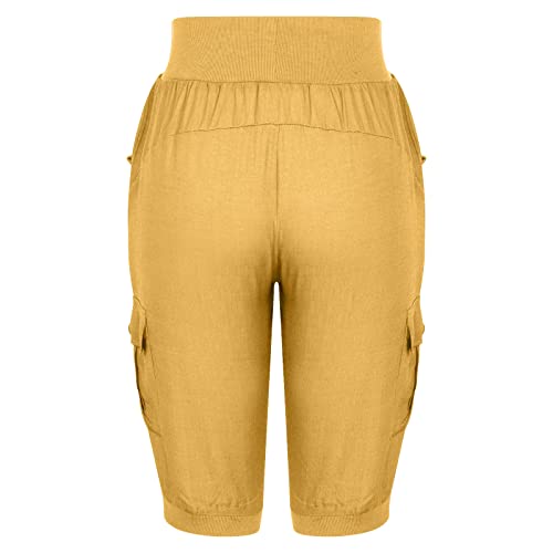 lightenung Deals fold Over Yoga Pants for Women Capri Pants for Women Plus Size Cotton Linen Cropped Pants Drawstring Elastic Waist Cargo Capri Pants for Work Yellow S
