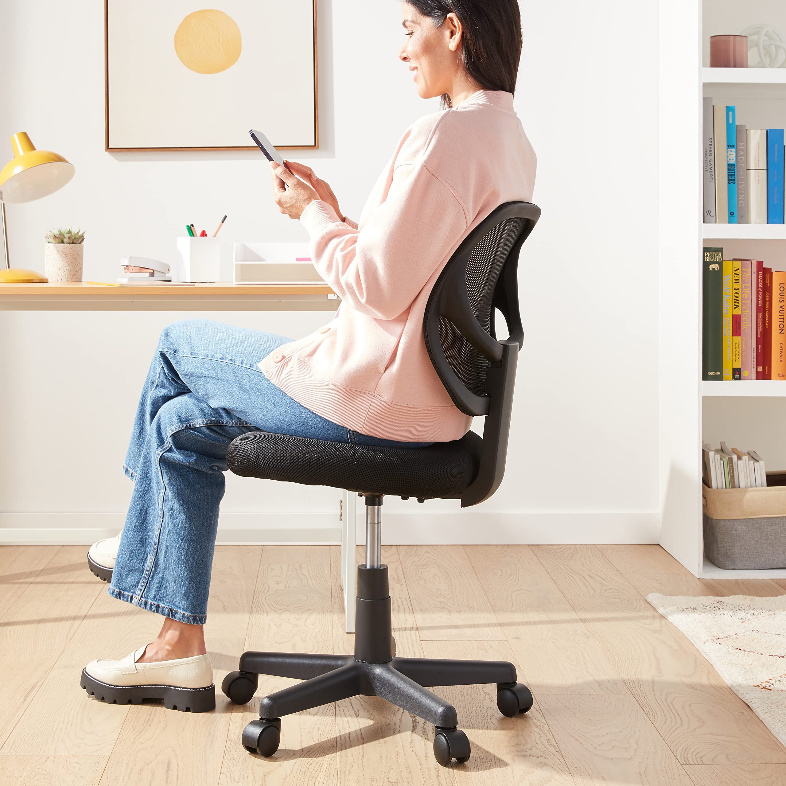 Amazon Basics Low-Back, Upholstered Mesh, Adjustable, Swivel Computer Office Desk Chair, Black