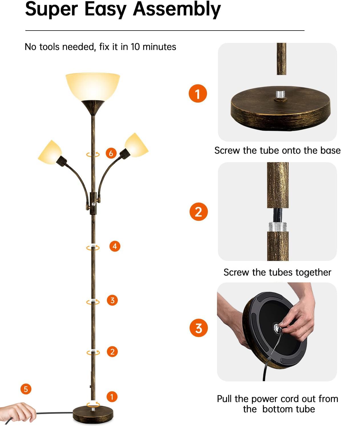 BoostArea Industrial Floor Lamp,Standing Lamp,Tree Floor Lamp with 3 Adjustable Rotating Lights, Independent Control, 3PCs LED Bulb Included, Tall Pole Lamps for Living Room, Bedroom, Home, Office