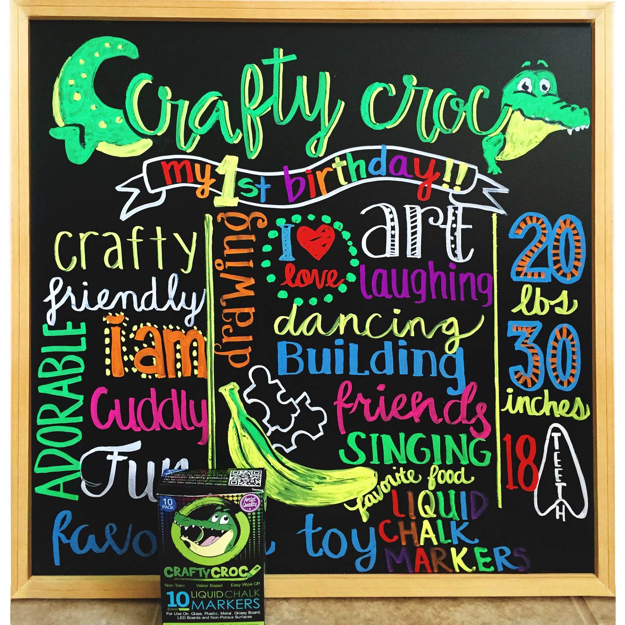 Crafty Croc Liquid Chalk Markers, 10 Pack of Neon Chalk Pens, for Nonporous Chalkboards, Bistro Boards, Glass and Windows