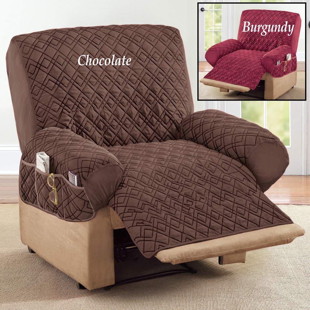 Collections Etc Diamond-Shape Quilted Stretch Recliner Cover with Storage Pockets - Furniture Protector, Chocolate, Recliner