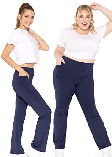 STRETCH IS COMFORT Women's DTY High Waist Bootcut Yoga Pants with Pockets Navy Blue Small