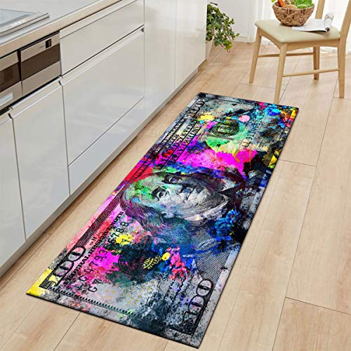 Orlco Art New Rugs Indoor Modern Area Rugs Floor Rugs Graffiti Watercolor One Hundred Dollar Bills Benjamin Non-Slip Large House Decor Rug for House Door Corridor Bedroom Kitchen Colorful 24"x60"