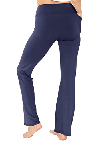 STRETCH IS COMFORT Women's DTY High Waist Bootcut Yoga Pants with Pockets Navy Blue Small