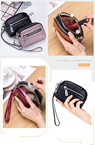 Genuine Leather Mini Genuine Leather Coin Pouch Wallet Wristlet Handbag hand strap clutch (Black)