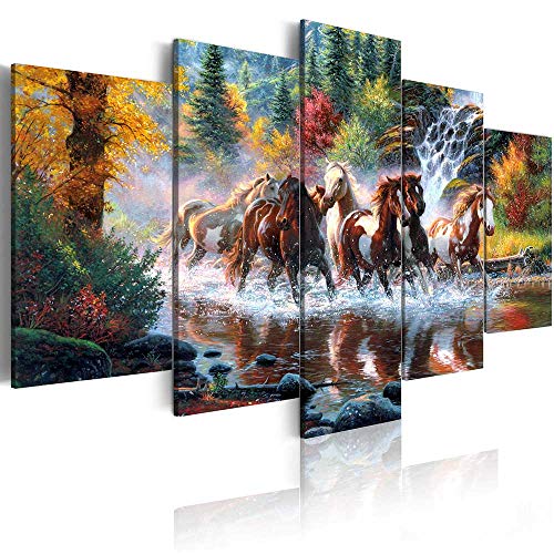 ArtHome520 Golden Landscape Home Decor Canvas Print Painting Colorful Animal Horse Picture Wall Art Contemporary Framed Ready To Hang 5 Panel (8''x12''x2+8''x16''x2+8''x20''x1)