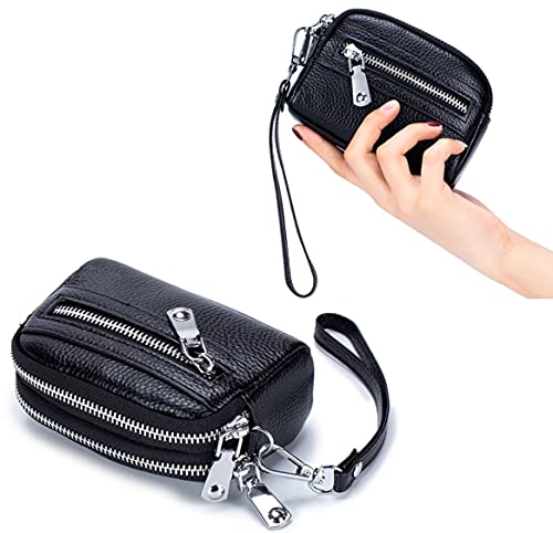 Genuine Leather Mini Genuine Leather Coin Pouch Wallet Wristlet Handbag hand strap clutch (Black)
