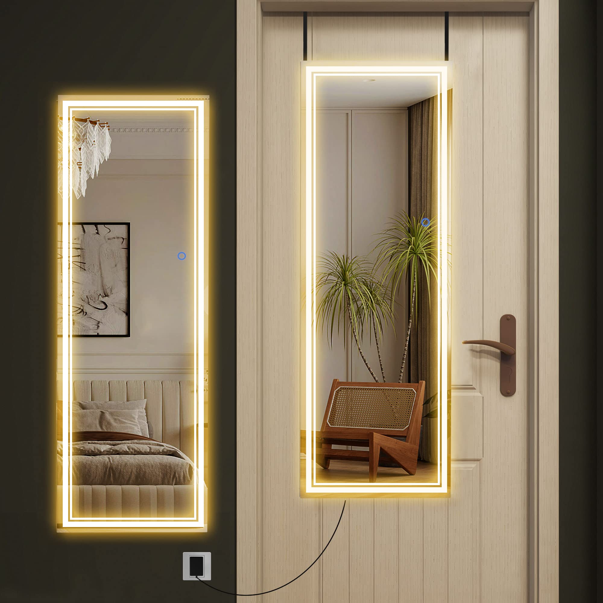 NeuType Full Length Mirror with LED Lights 51"x18" Lighted Over The Door LED Mirror with Hangers Full Body Wall Mirror Aluminum Frame Dimming & 3 Color Modes for Bedroom LED Door Mirror, Silver