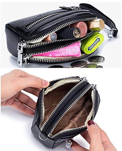 Genuine Leather Mini Genuine Leather Coin Pouch Wallet Wristlet Handbag hand strap clutch (Black)