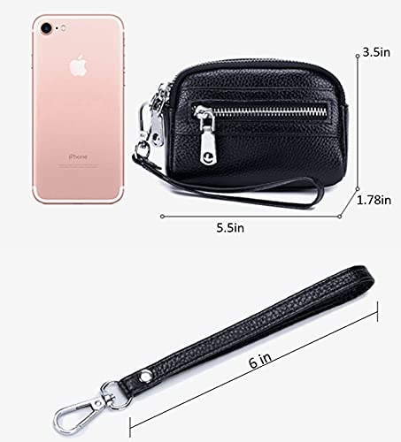Genuine Leather Mini Genuine Leather Coin Pouch Wallet Wristlet Handbag hand strap clutch (Black)