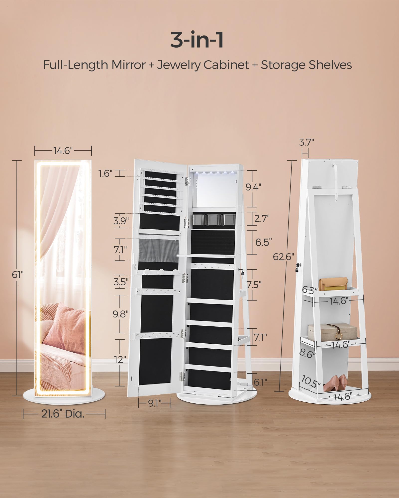 SONGMICS LED Mirror Jewelry Cabinet Standing, Lockable Jewelry Armoire with Full-Length Mirror and Adjustable LED Lights, Space-Saving Jewelry Organizer with Mirror, Gift Idea, Cloud White UJJC008W01