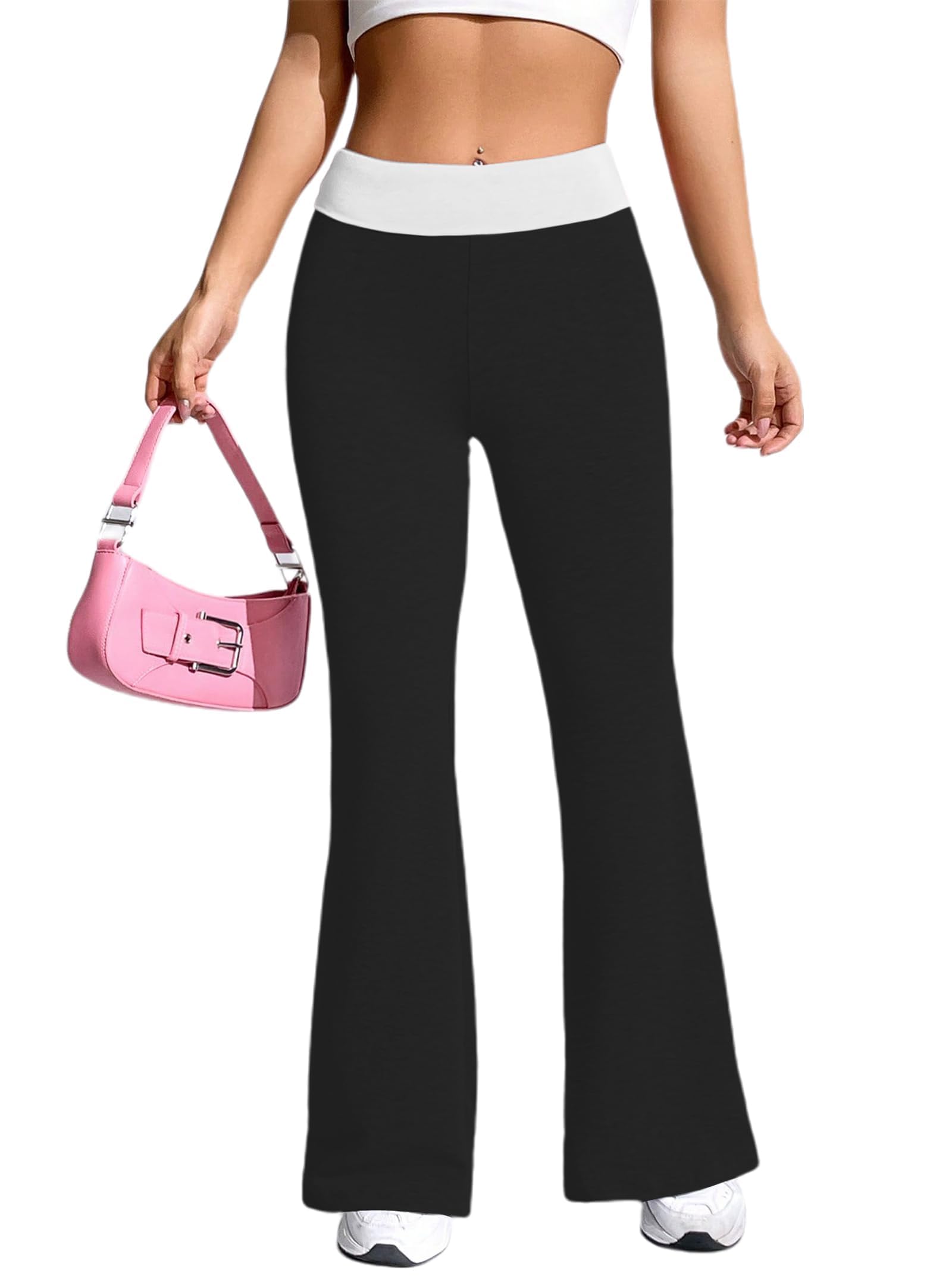 popvil Flare Pants for Women High Elastic Waisted Yoga Pants Color Block Causal Trousers Black X-Large