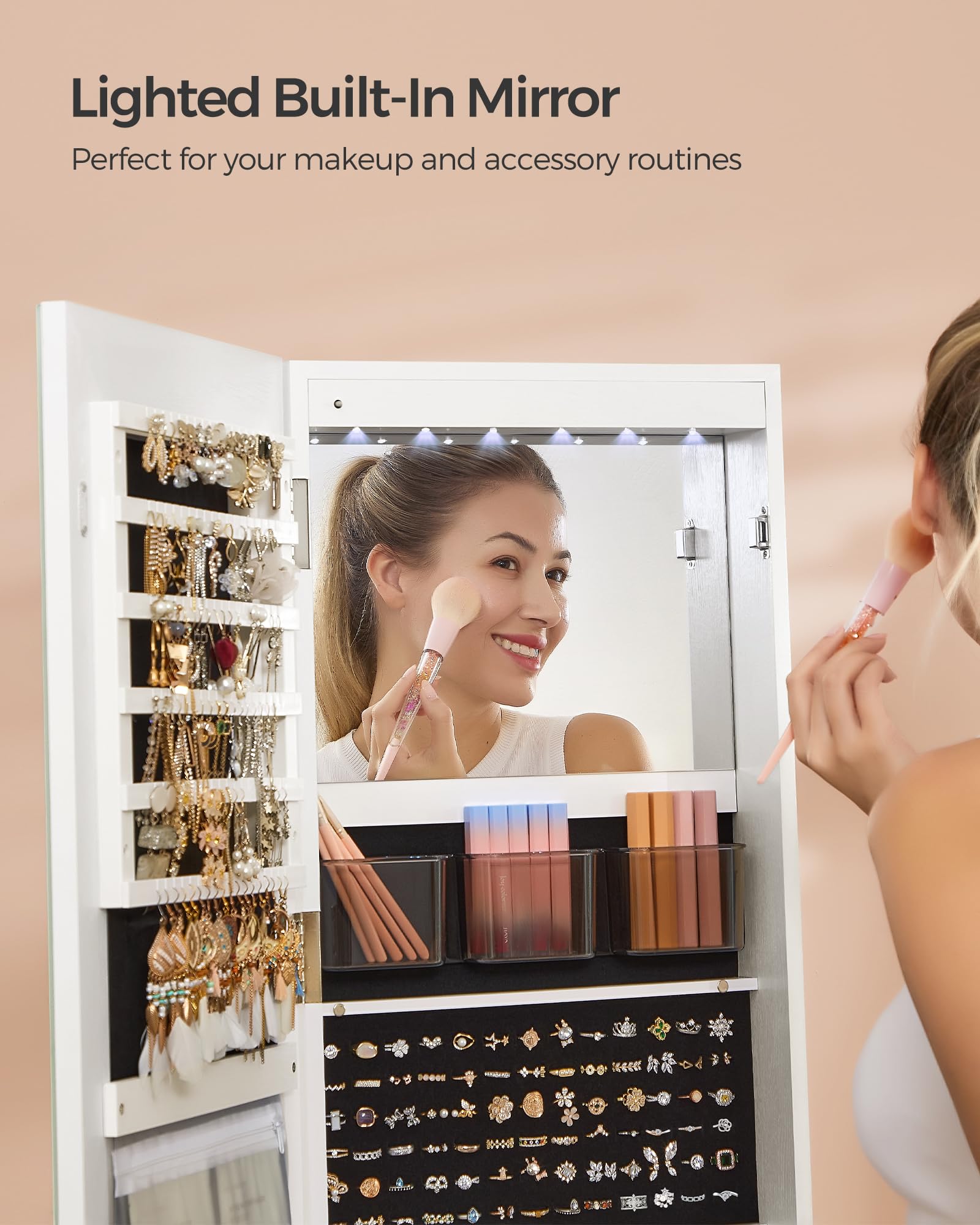 SONGMICS LED Mirror Jewelry Cabinet Standing, Lockable Jewelry Armoire with Full-Length Mirror and Adjustable LED Lights, Space-Saving Jewelry Organizer with Mirror, Gift Idea, Cloud White UJJC008W01