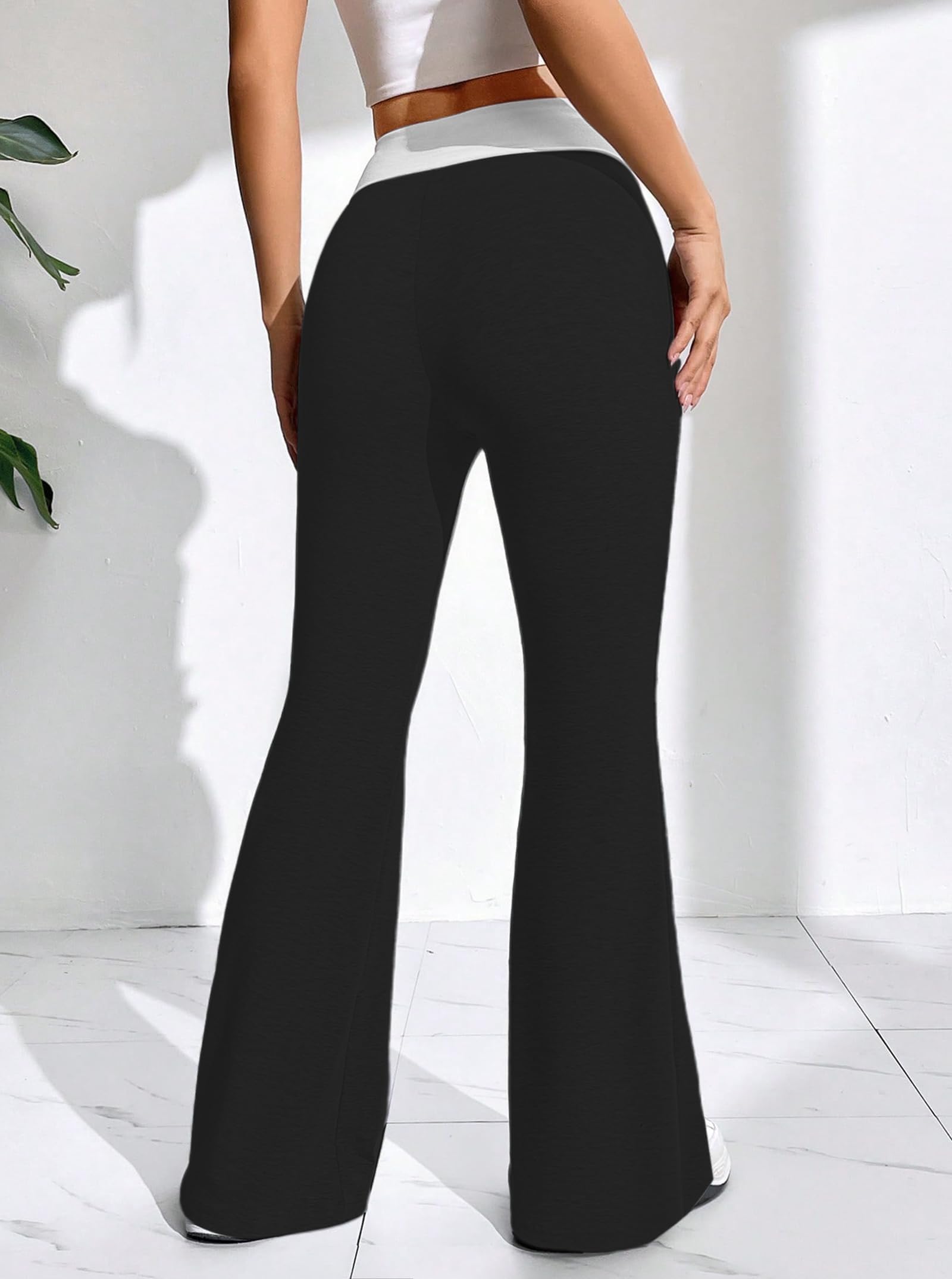 popvil Flare Pants for Women High Elastic Waisted Yoga Pants Color Block Causal Trousers Black X-Large