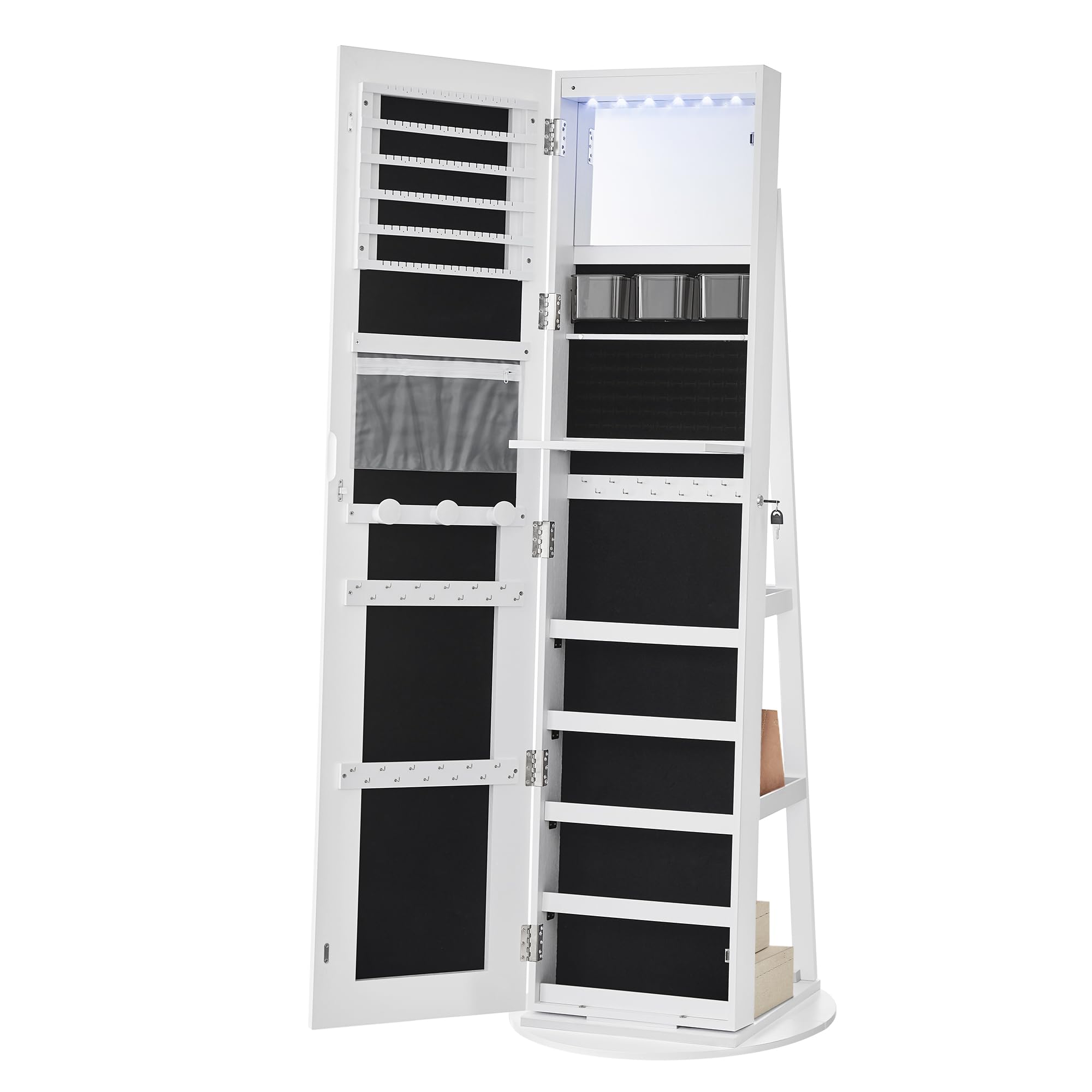 SONGMICS LED Mirror Jewelry Cabinet Standing, Lockable Jewelry Armoire with Full-Length Mirror and Adjustable LED Lights, Space-Saving Jewelry Organizer with Mirror, Gift Idea, Cloud White UJJC008W01