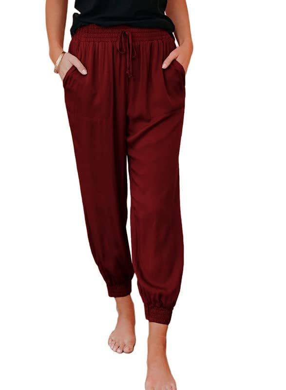 Dokotoo Womens Ladies Summer Comfy Casual Loose Lightweight Solid Color Tie Elastic Waist Linen Jogging Jogger Pants Sweatpants for Women with Pockets Red Large