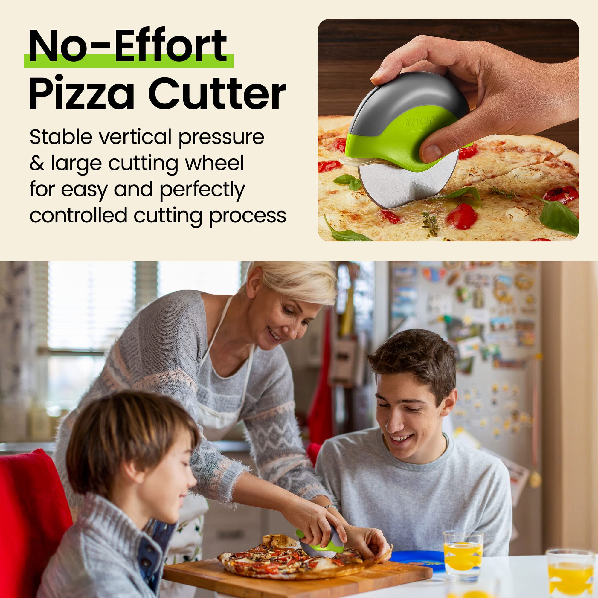 Kitchy Pizza Cutter Wheel - No Effort Pizza Slicer with Protective Blade Guard and Ergonomic Handle - Super Sharp and Dishwasher Safe (Green)