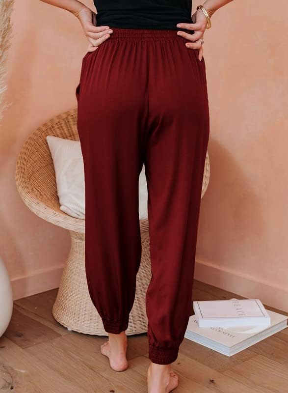 Dokotoo Womens Ladies Summer Comfy Casual Loose Lightweight Solid Color Tie Elastic Waist Linen Jogging Jogger Pants Sweatpants for Women with Pockets Red Large
