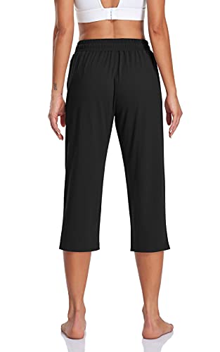 TARSE Women's Capri Yoga Pants Stretch Lightweight Running Jogging Pants Casual Comfy Pull On Capris Pockets Sweatpants (Black,M)
