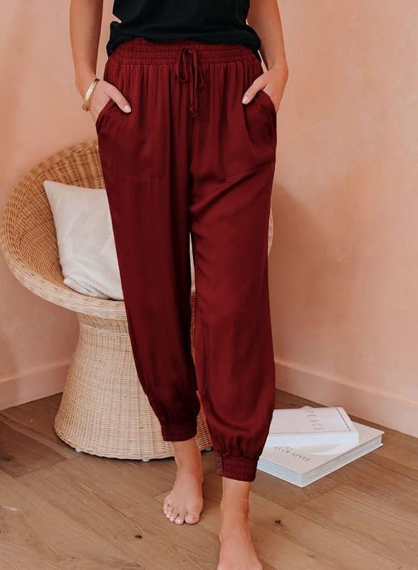 Dokotoo Womens Ladies Summer Comfy Casual Loose Lightweight Solid Color Tie Elastic Waist Linen Jogging Jogger Pants Sweatpants for Women with Pockets Red Large