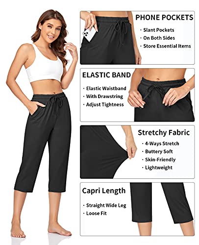 TARSE Women's Capri Yoga Pants Stretch Lightweight Running Jogging Pants Casual Comfy Pull On Capris Pockets Sweatpants (Black,M)