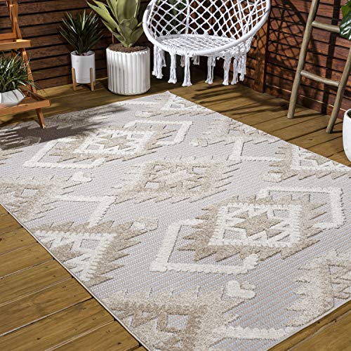 JONATHAN Y SBH107A-8 Sumak High-Low Pile Neutral Diamond Kilim Indoor Outdoor Area-Rug Bohemian Geometric Easy-Cleaning Bedroom Kitchen Backyard Patio Non Shedding, 8 ft x 10 ft, Beige/Gray