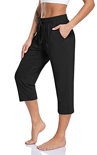 TARSE Women's Capri Yoga Pants Stretch Lightweight Running Jogging Pants Casual Comfy Pull On Capris Pockets Sweatpants (Black,M)