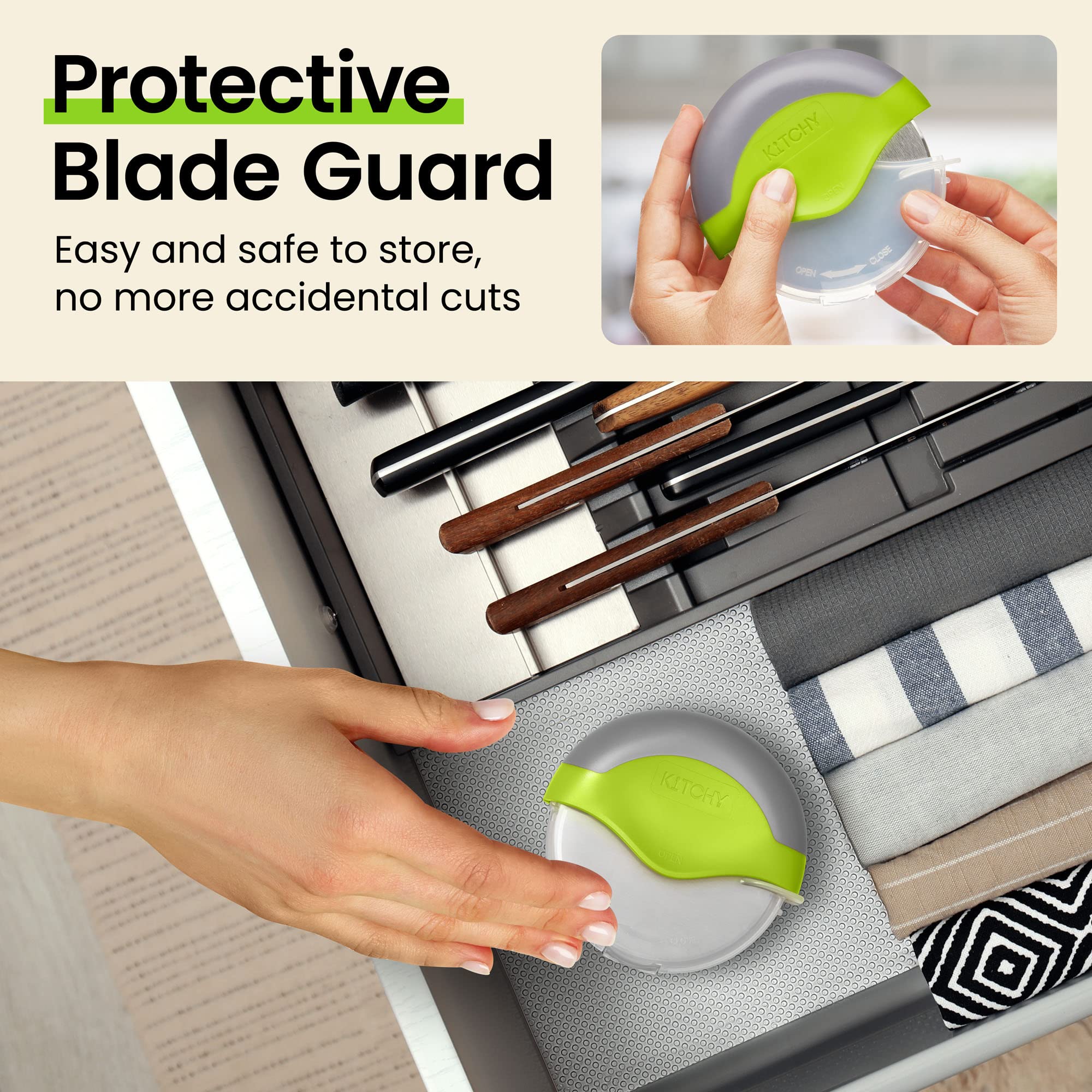 Kitchy Pizza Cutter Wheel - No Effort Pizza Slicer with Protective Blade Guard and Ergonomic Handle - Super Sharp and Dishwasher Safe (Green)