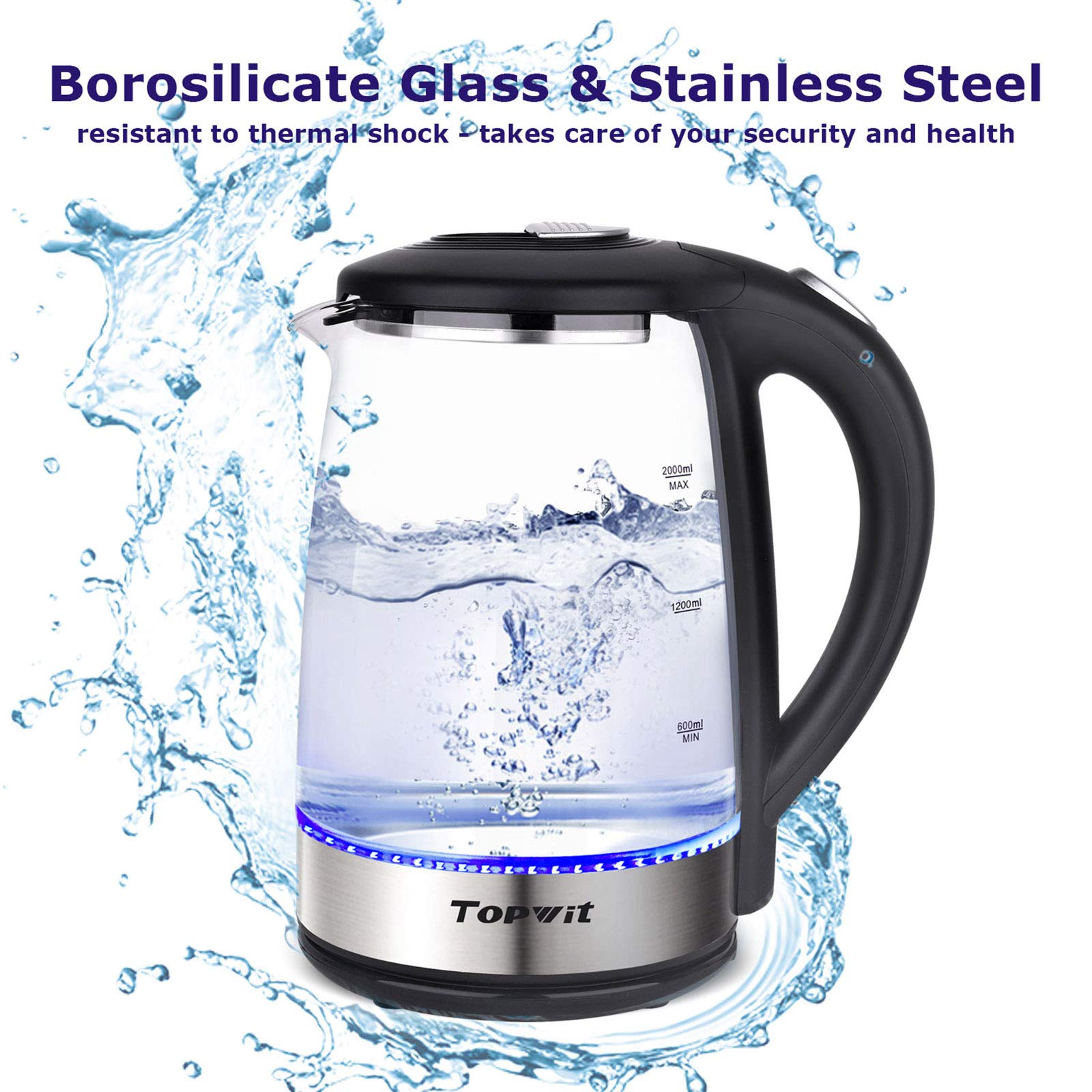 TOPWIT Electric Kettle Glass Hot Water Kettle, 2.0L Water Warmer, BPA-Free Stainless Steel Lid & Bottom, Tea Kettle with Fast Heating, Auto Shut-Off & Boil Dry Protection