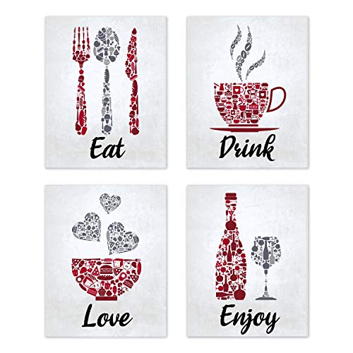 A LuxeHome Red Maroon Grey White Mosaic Vintage Inspirational Kitchen Restaurant Cafe Bar Wall Art Decorations Eat Drink Love Wine Coffee Hearts Prints Posters Signs Sets Rustic Farmhouse Country Home Dining Room House Decor Funny Sayings Quotes Unframed
