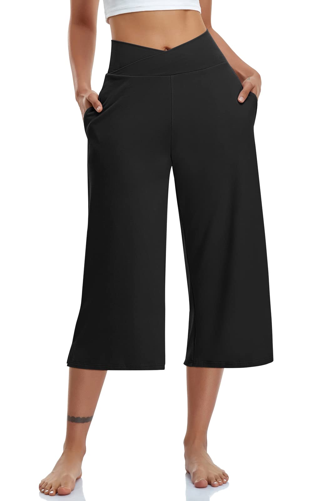 TARSE Womens Casual Wide Leg Yoga Capris Plus Size Crossover High Waist Capri Pants Loose Soft Pajama Pockets Sweatpants(Black,XXXL 3XL)