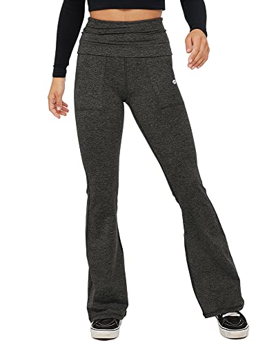 Aurgelmir Womens Flare Yoga Pants High Waisted Foldover Workout Leggings with Pockets Tummy Control Bell Bottom Pants Heather Black