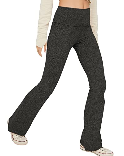 Aurgelmir Womens Flare Yoga Pants High Waisted Foldover Workout Leggings with Pockets Tummy Control Bell Bottom Pants Heather Black