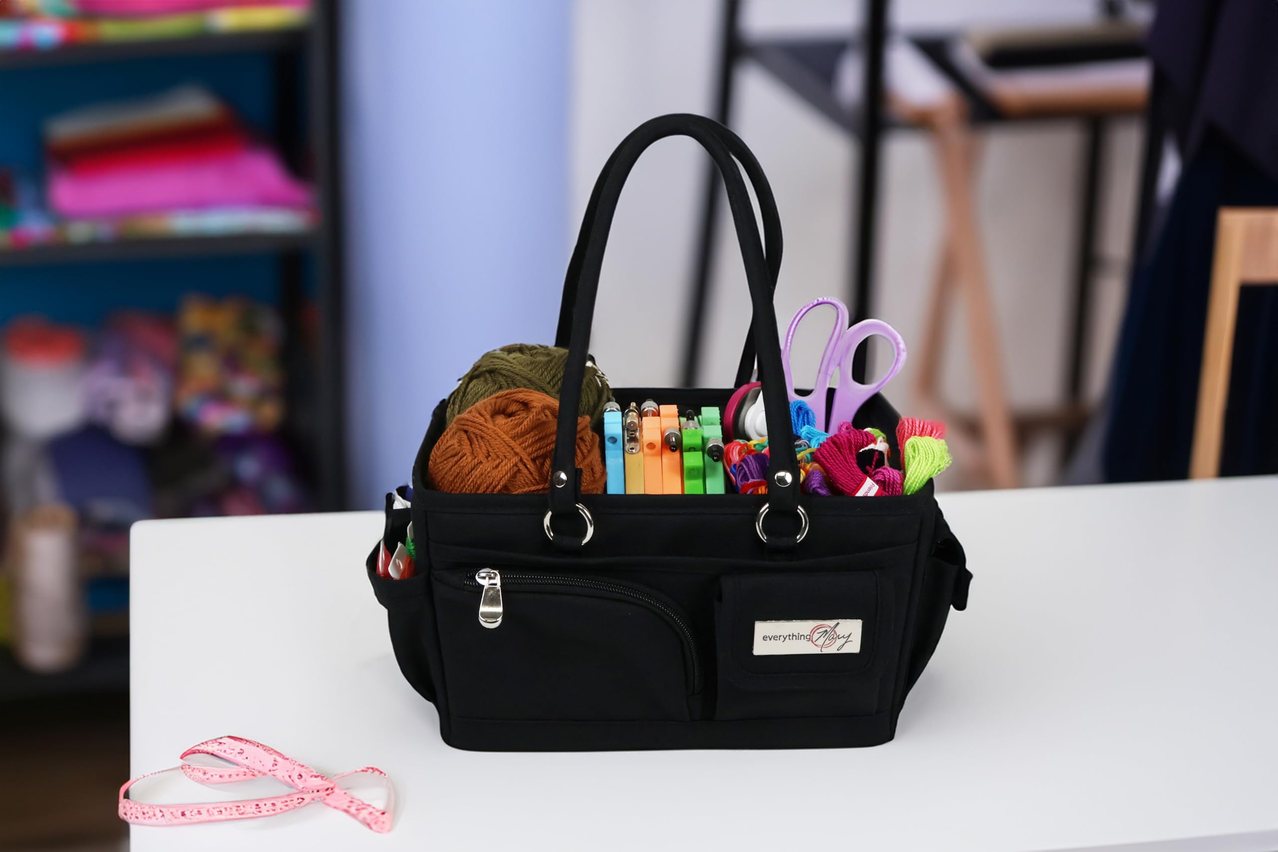 Everything Mary White Flower Deluxe Store and Tote - Storage Craft Bag Organizer for Crafts, Sewing, Paper, Art, Desk, Canvas, Supplies Storage Organization with Handles for Travel