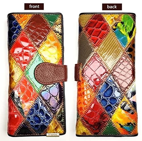 Aslana Women's Genuine Leather Wallet Patent Leather Retro Vintage Patchwork Embossed Flower Floral Wristlet Clutch Bag (Long, Long, Trifold Patent Leather Diamond)