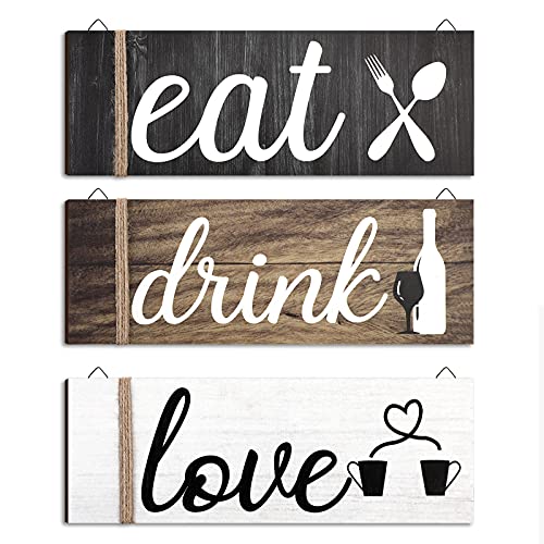 Jetec 3 Pcs Farmhouse Kitchen Wall Decor Eat Sign Rustic Wooden Kitchen Sign Wood Home Sign Eat Drink Love Sign with Hanging Hole for Home Kitchen Dining Living Room Bar Cafe Decor (Classic Color)