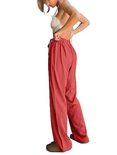 LYANER Women's Casual Tie Side High Waist Wide Leg Palazzo Pants with Pockets Rust Red Medium
