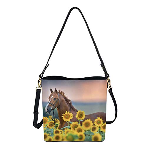 COEQINE Horse Gift Crossbody Handbag for Women Girls,Vintage Sunflower Bucket Bag Leather Shoulder Satchel Casual Travel Shoulder Bag