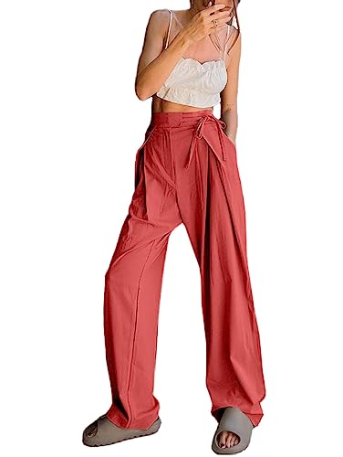 LYANER Women's Casual Tie Side High Waist Wide Leg Palazzo Pants with Pockets Rust Red Medium
